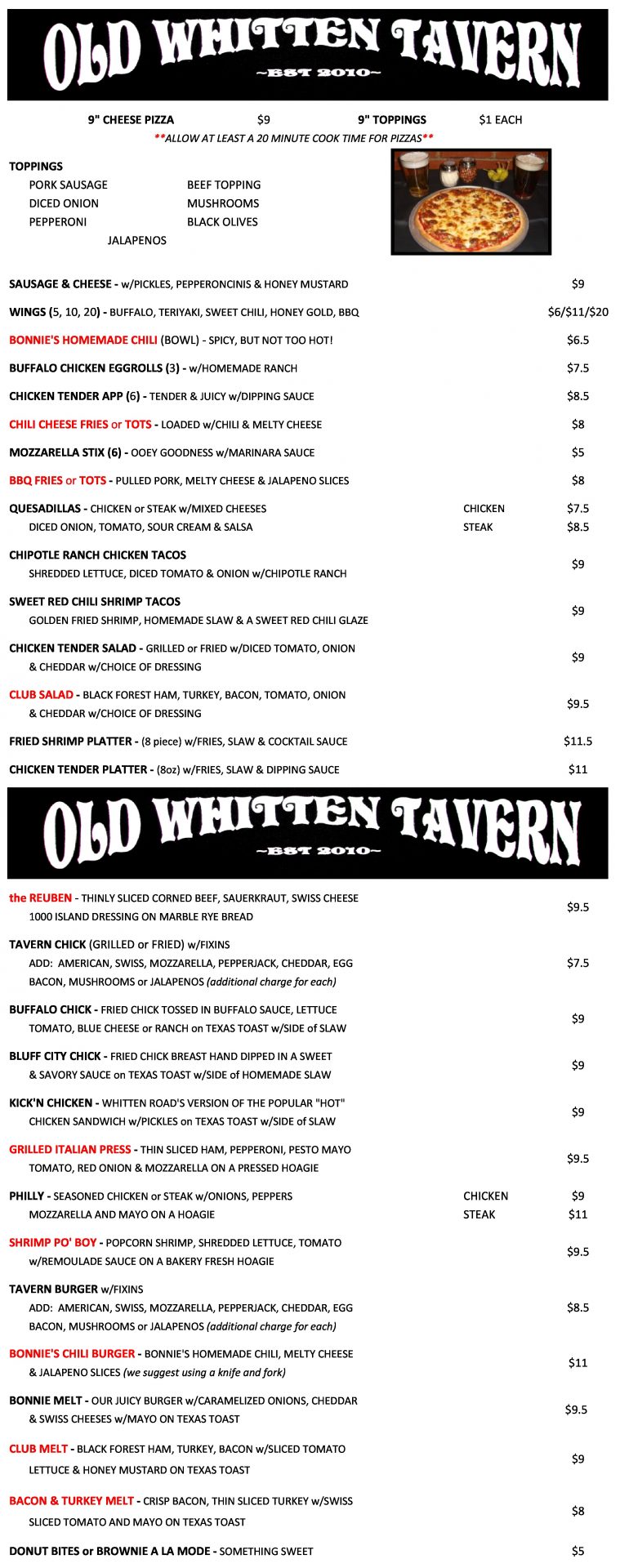 NEW MENU 11-2 | Old Whitten Tavern